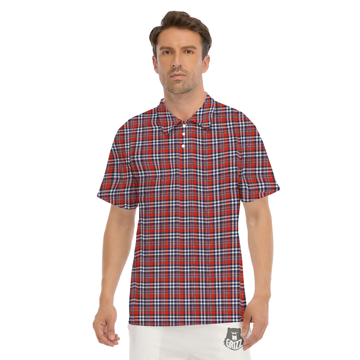 Red Blue And White Check Print Pattern Men's Golf Shirts