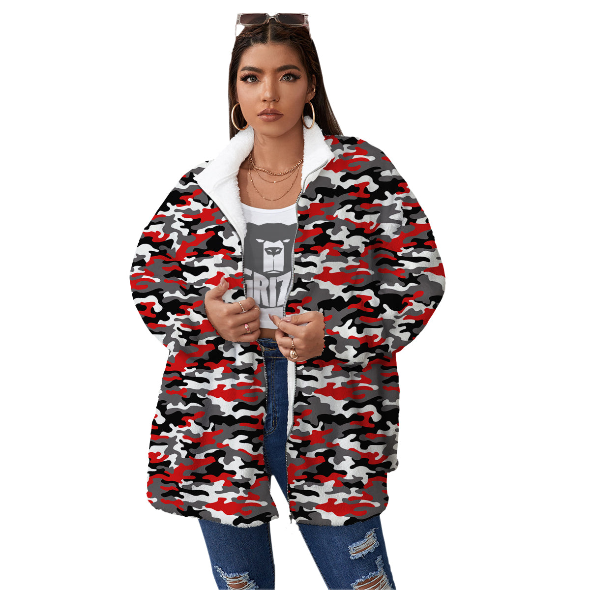 Red Camouflage Texture Military Print Women's Sherpa Jacket