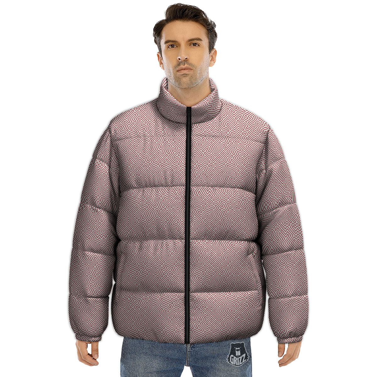 Red Geometric Maze Print Puffer Jacket