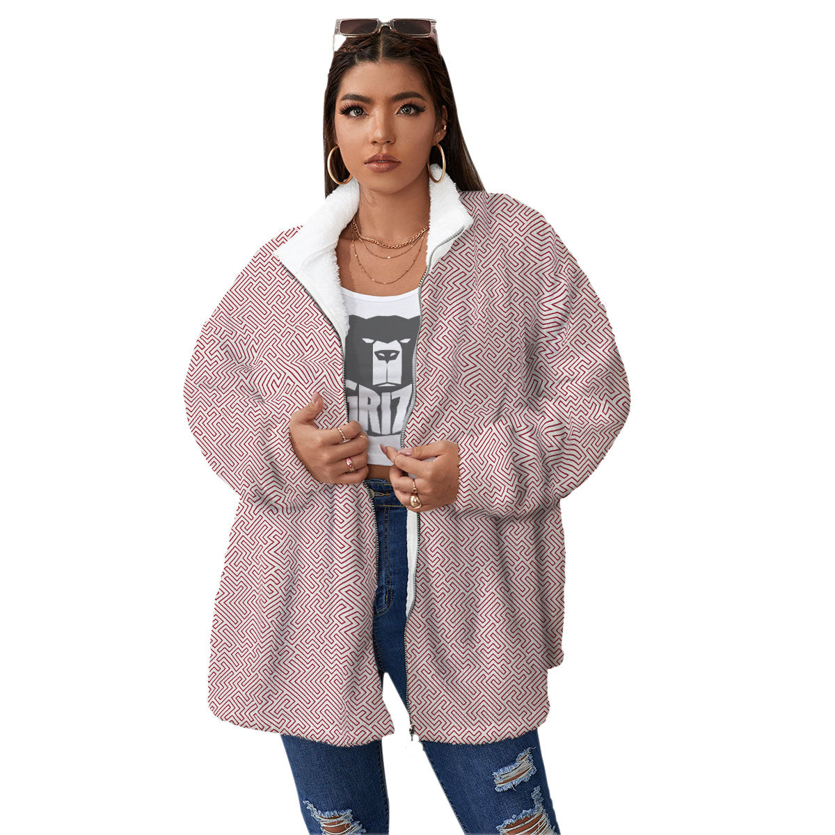 Red Geometric Maze Print Women's Sherpa Jacket