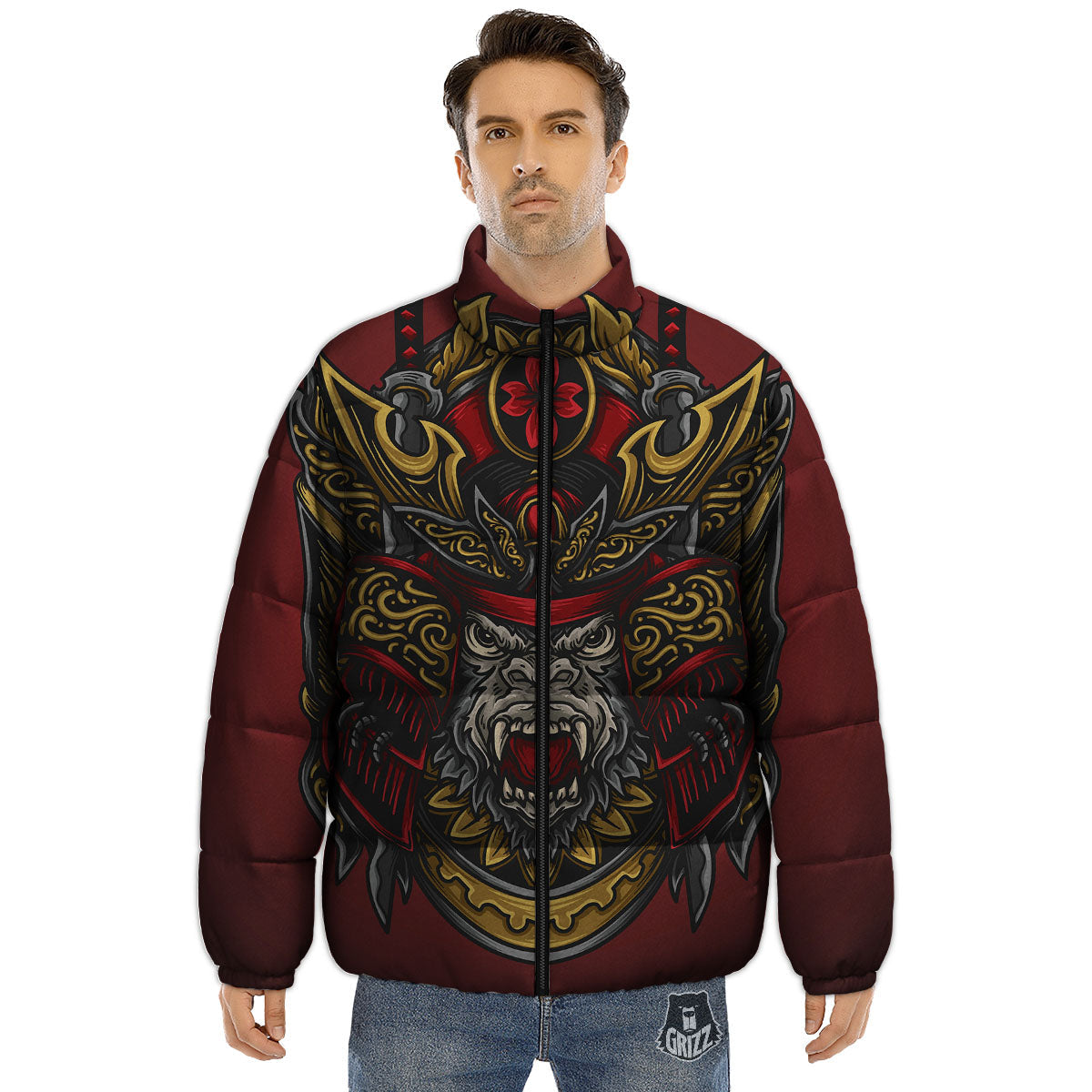 Red Gorilla Samurai Print Puffer Jacket