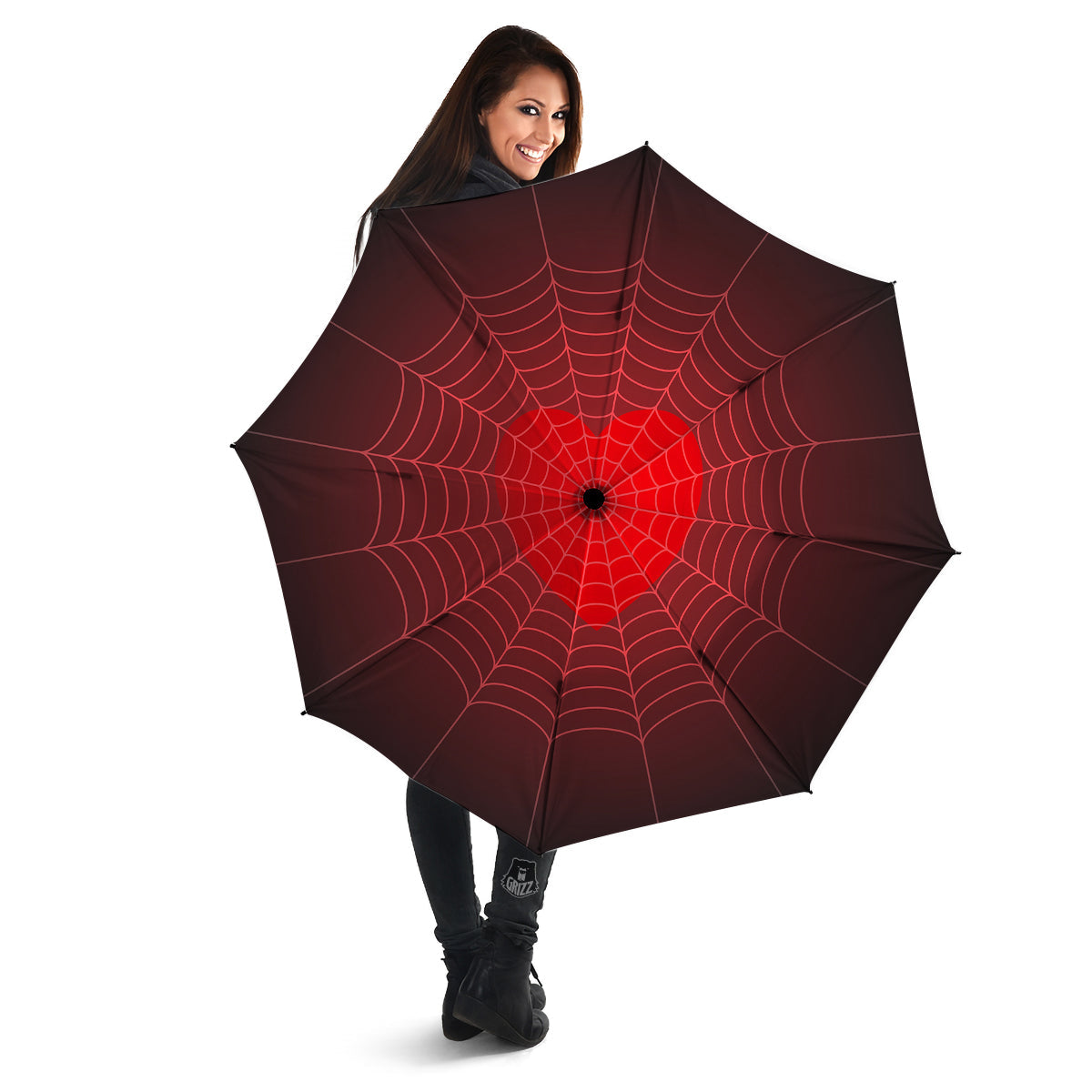 Red Heart Spider Web Print Umbrella
