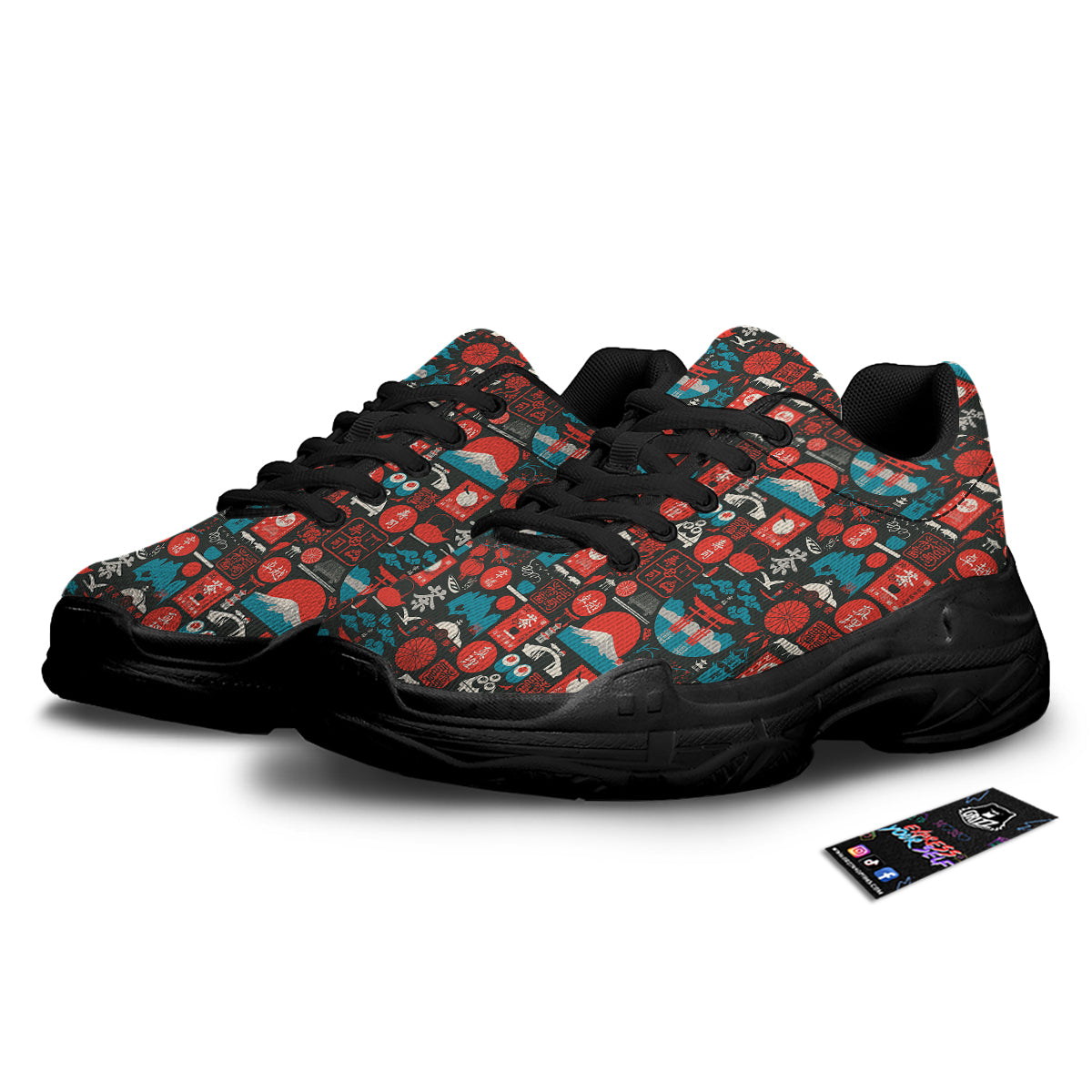 Red Japanese Characters Print Pattern Black Chunky Shoes