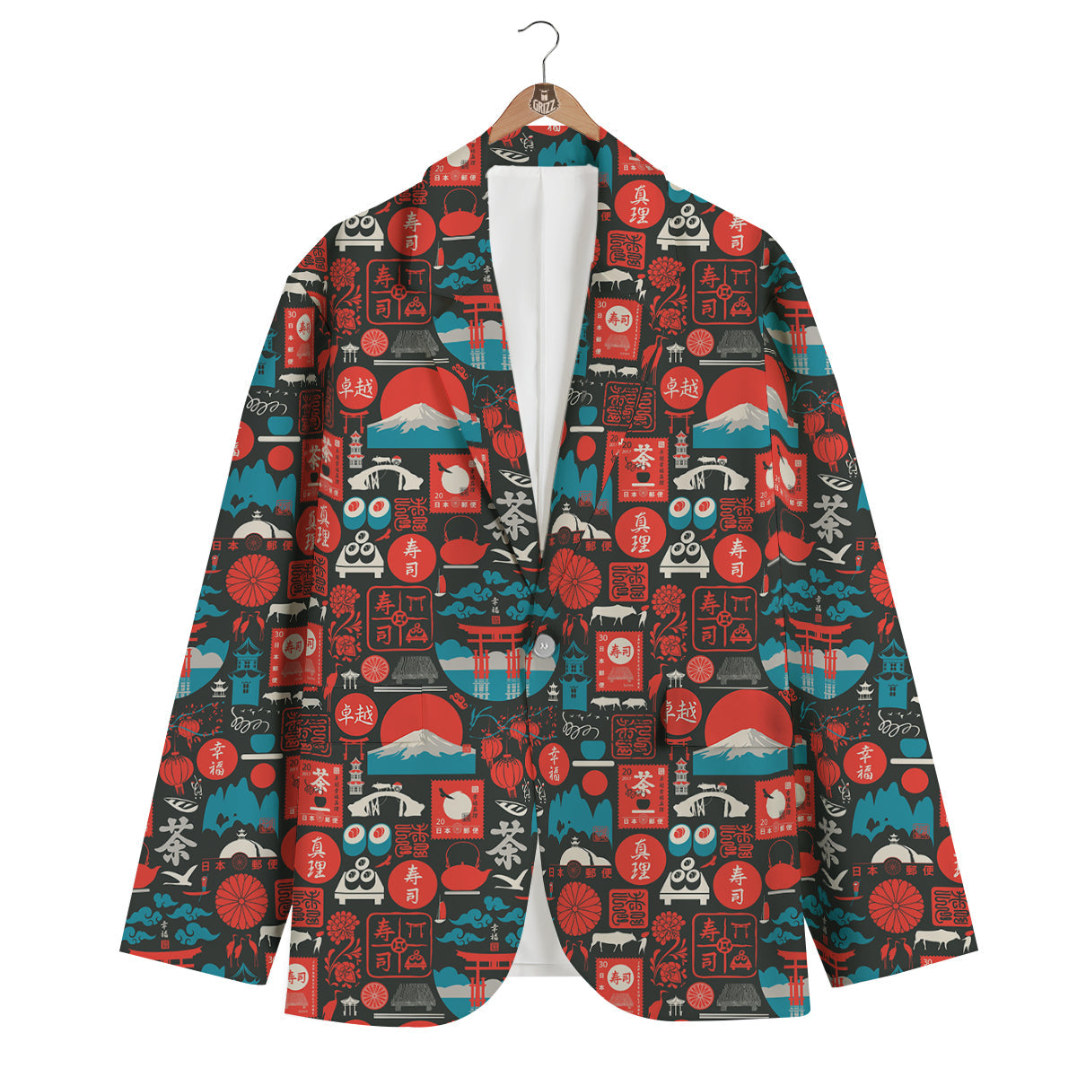 Red Japanese Characters Print Pattern Men's Blazer
