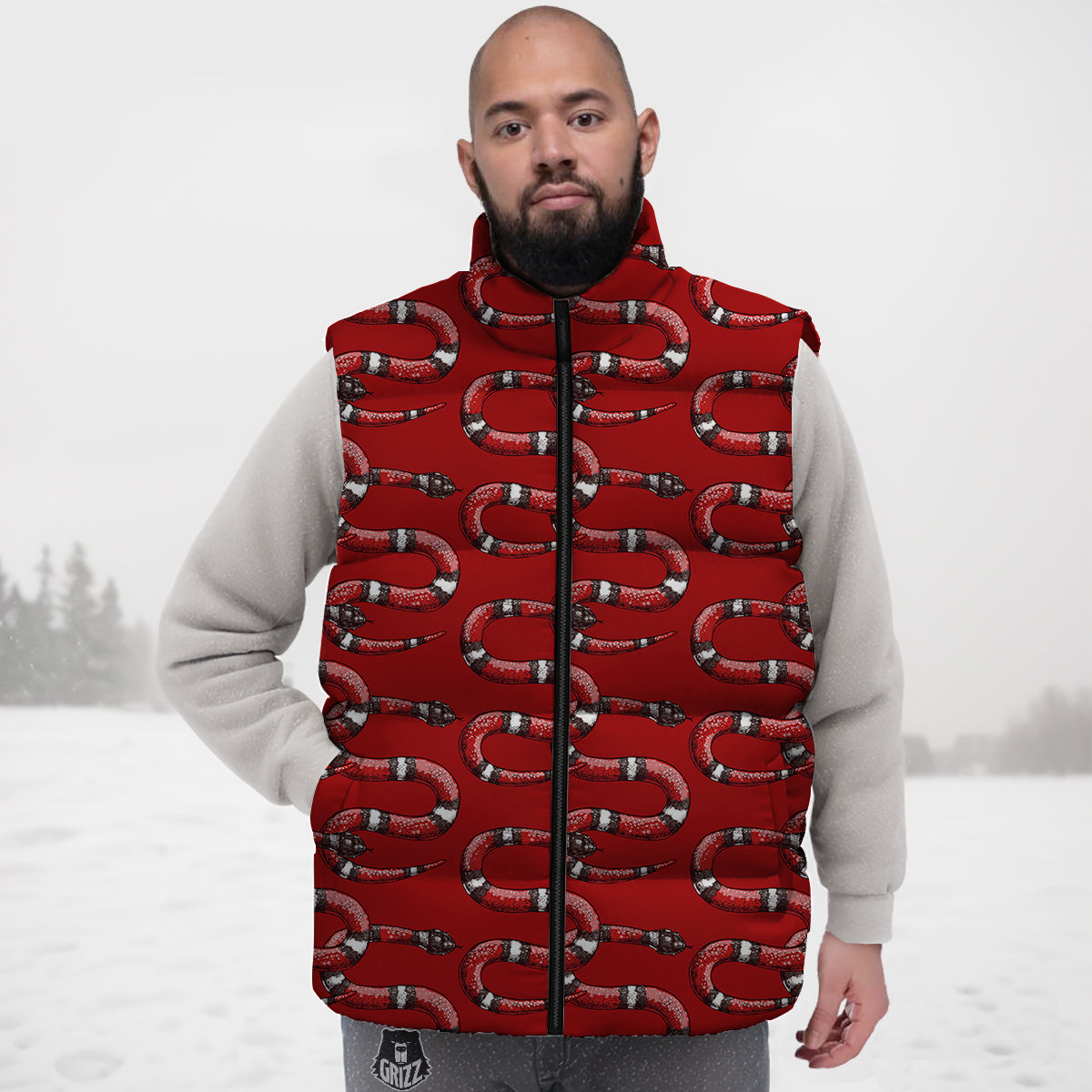 Red Snake Drawing Color Print Pattern Down Vest