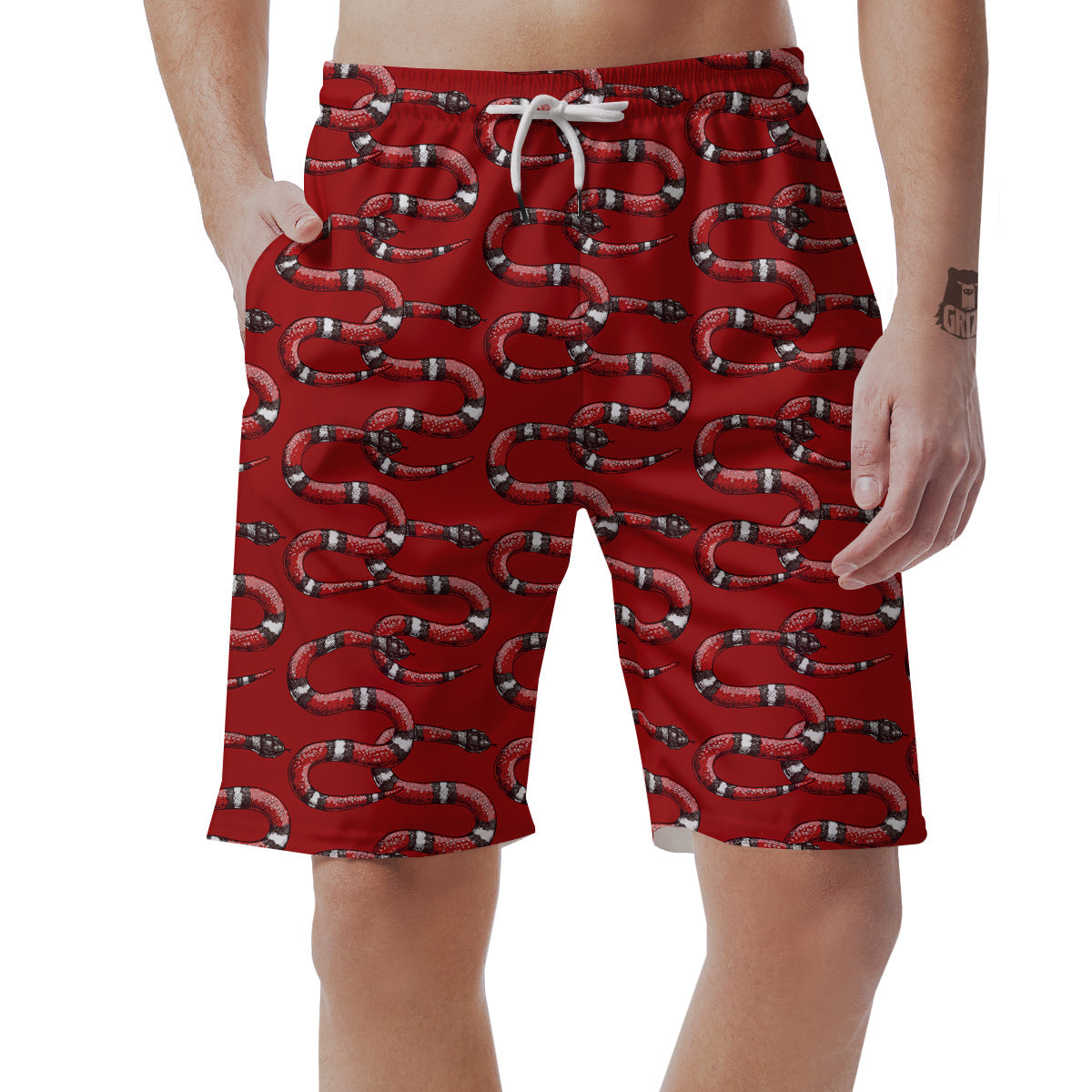Red Snake Drawing Color Print Pattern Men's Shorts