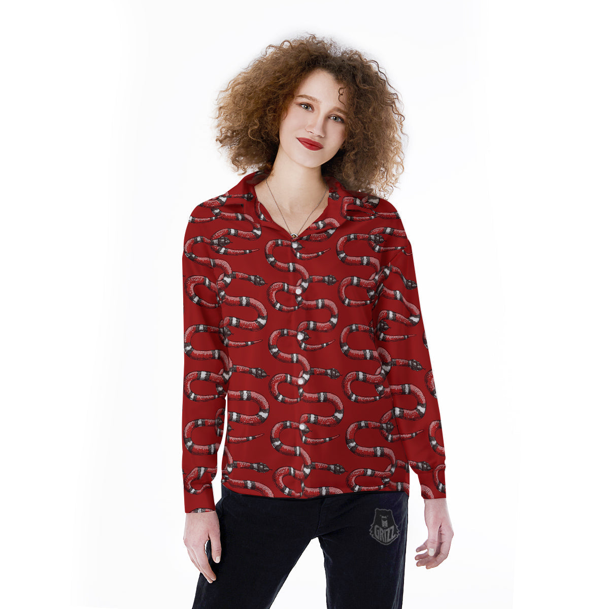 Red Snake Drawing Color Print Pattern Women's Long Sleeve Shirts