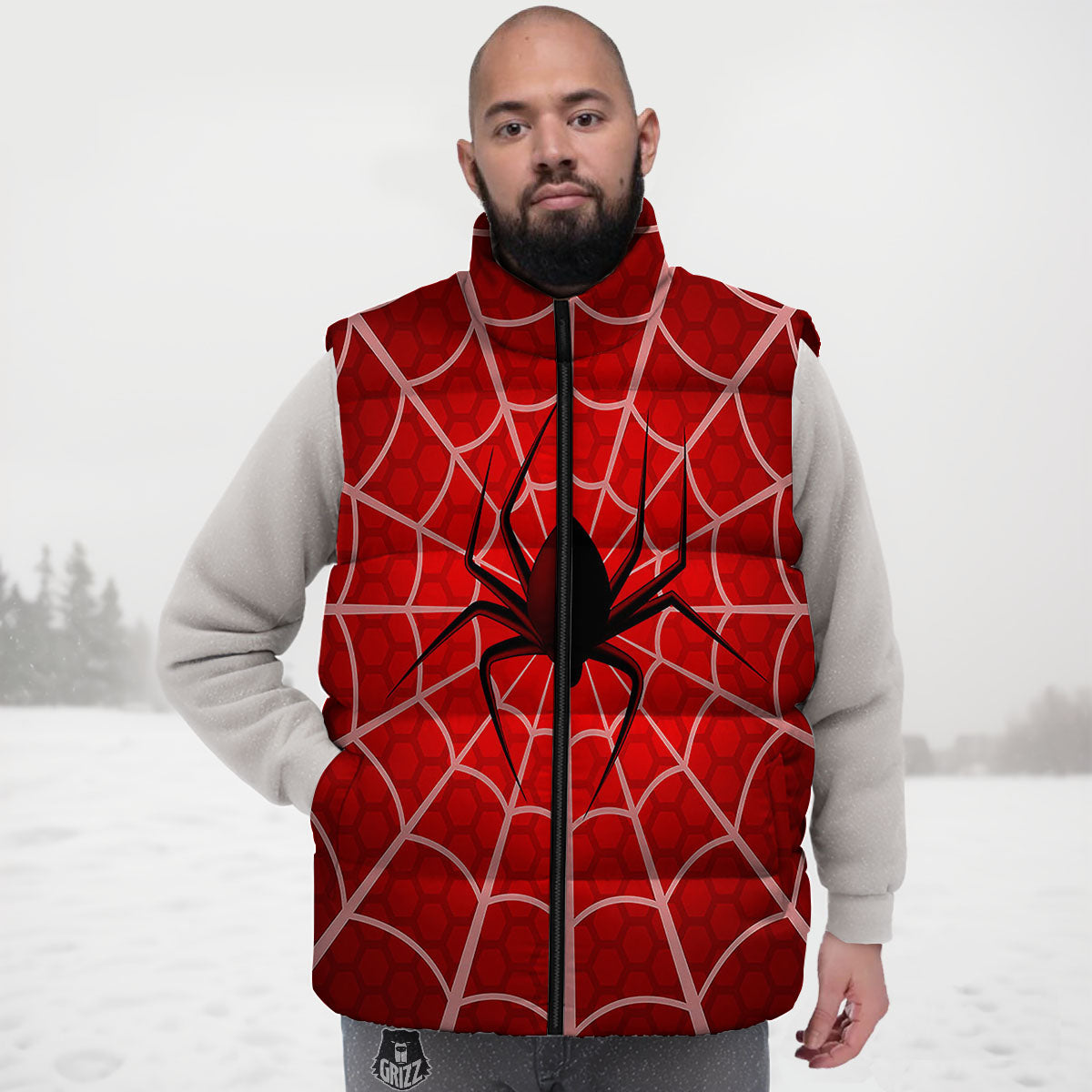 Red Spider Web Cobweb trap Print Down Vest