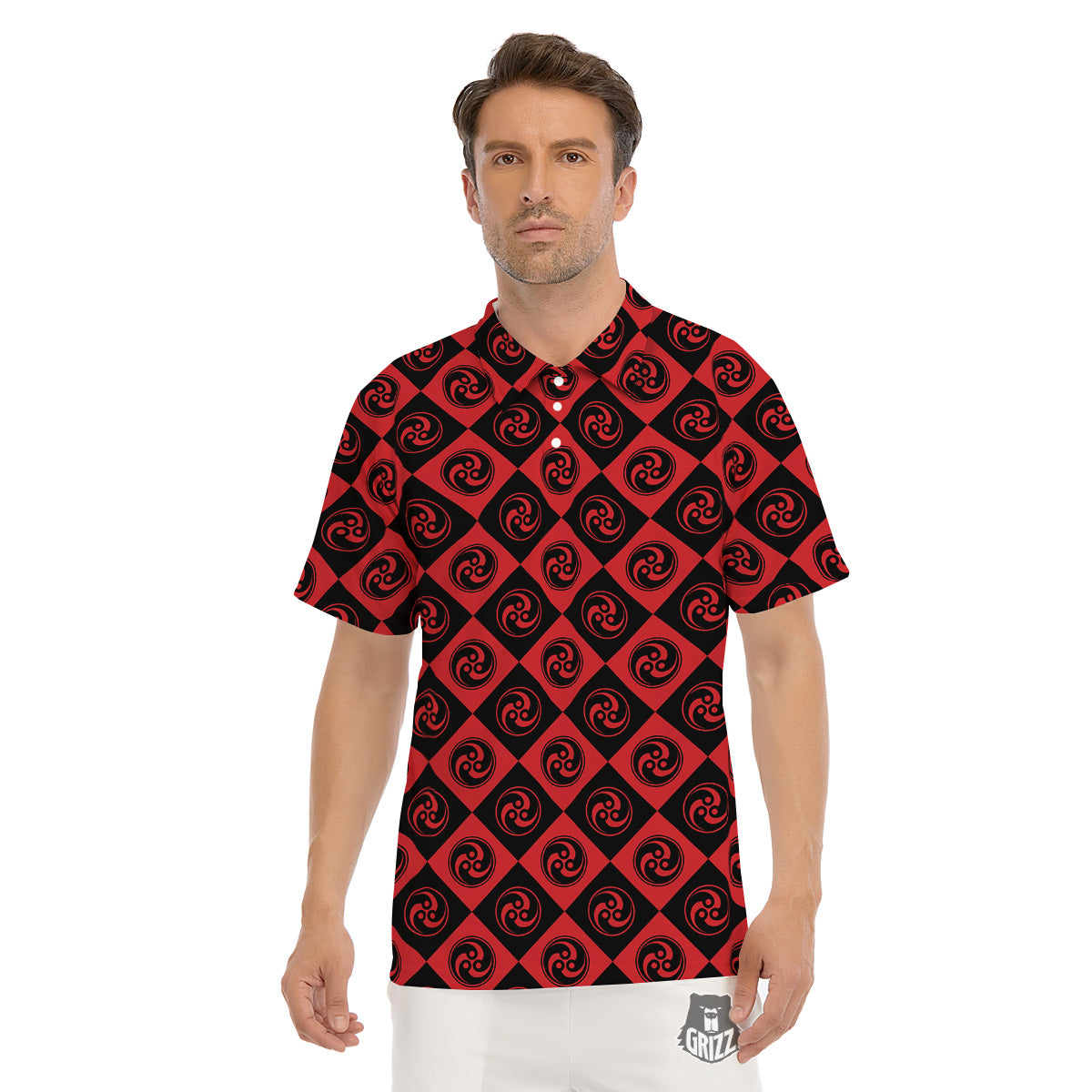 Red Tomoe Print Pattern Men's Golf Shirts
