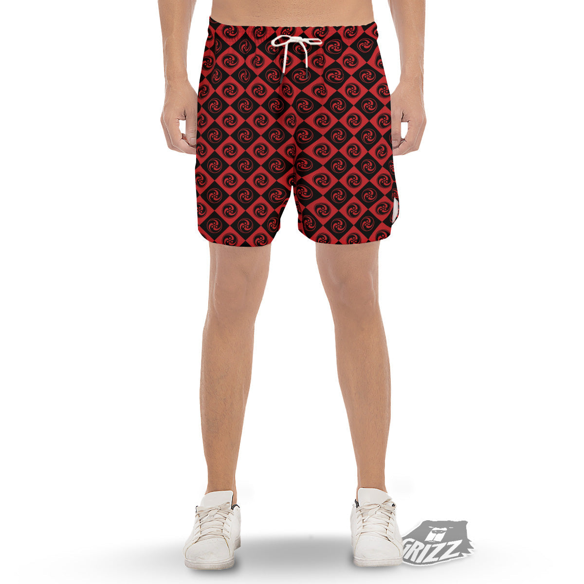 Red Tomoe Print Pattern Men's Gym Shorts