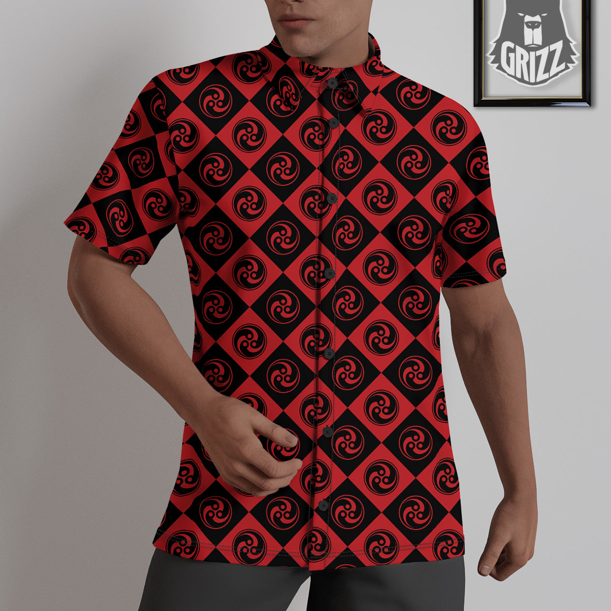 Red Tomoe Print Pattern Untucked Shirts