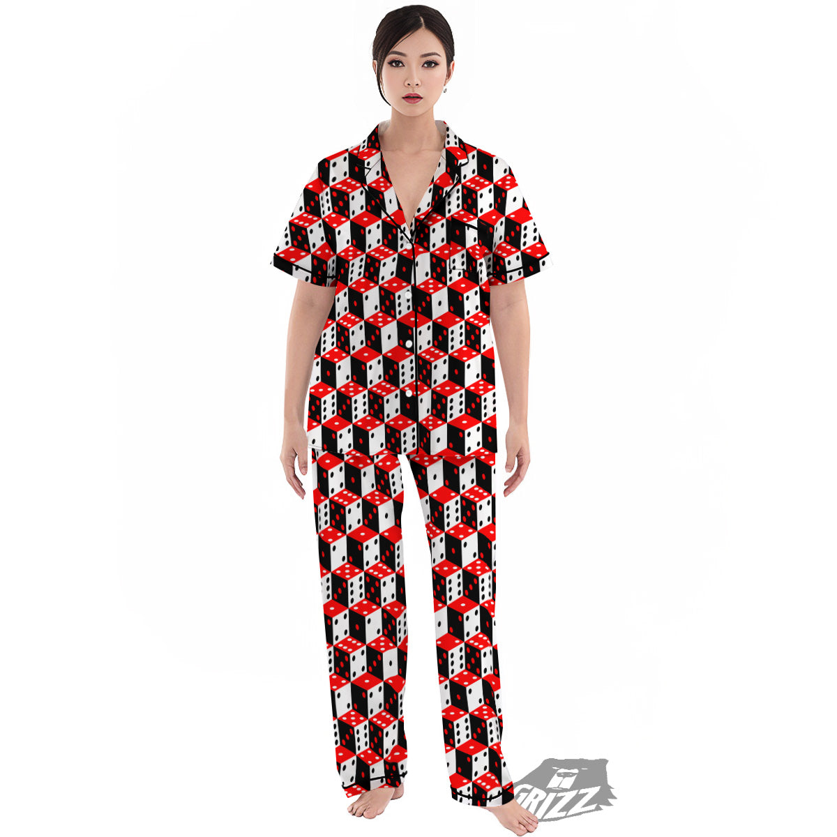 Red White And Black Dice Print Pattern Women's Pajamas Set