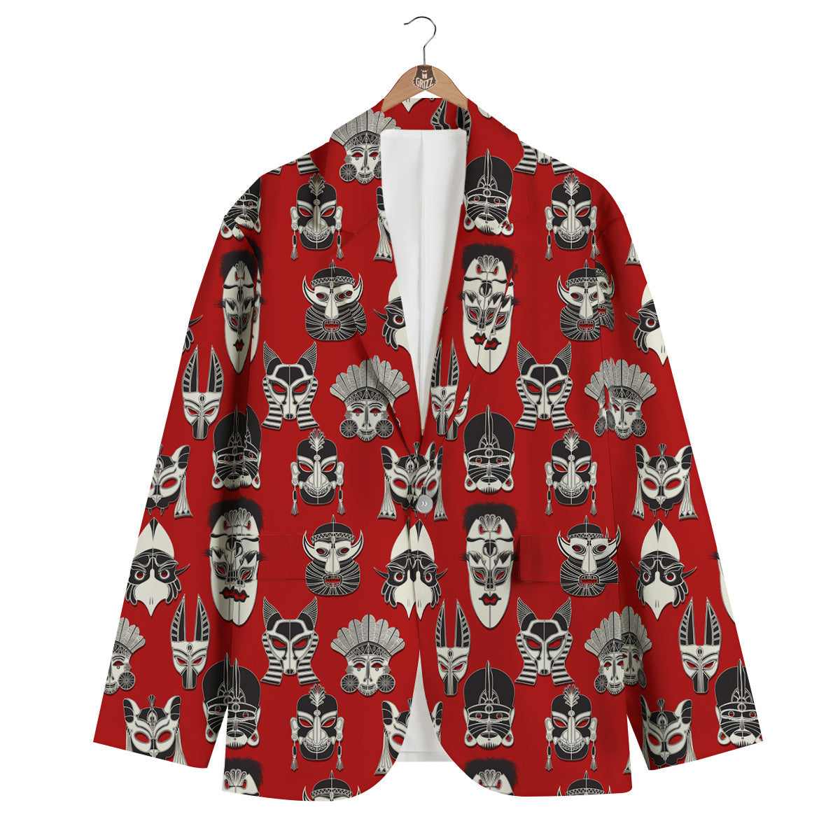 Red White Tribal Mask Print Pattern Men's Blazer