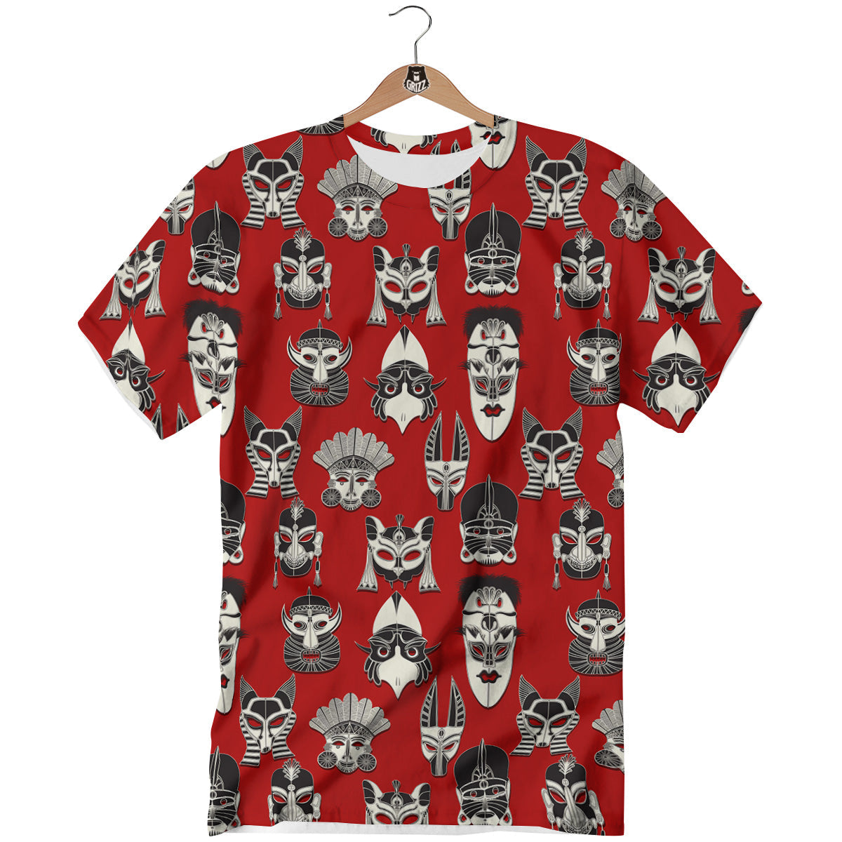 Red White Tribal Mask Print Pattern T-Shirt