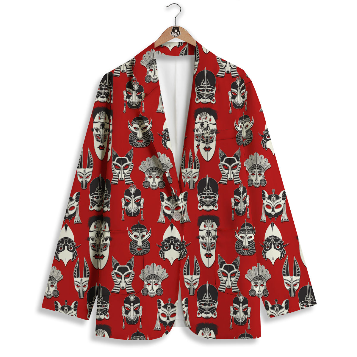 Red White Tribal Mask Print Pattern Women's Blazer