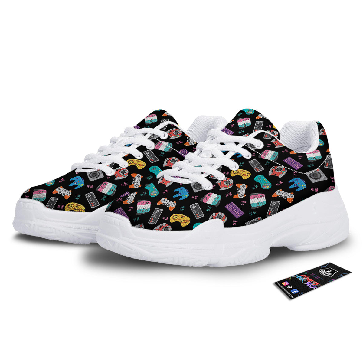 Retro Video Game Controller Print Pattern White Chunky Shoes