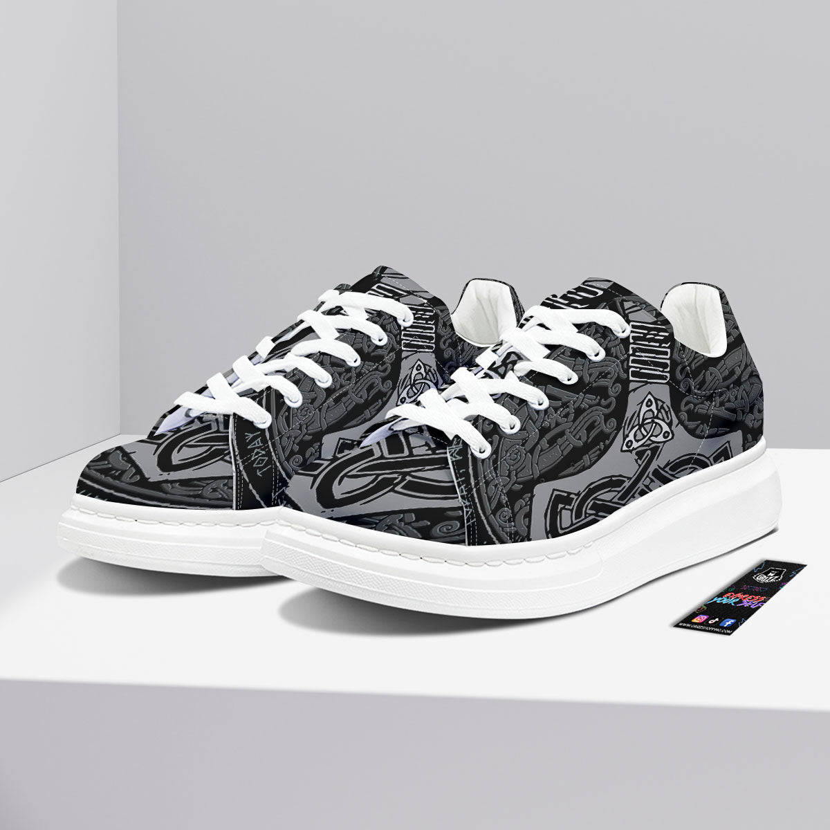 Runes Scandinavian And Mjolnir Print Platform Shoes