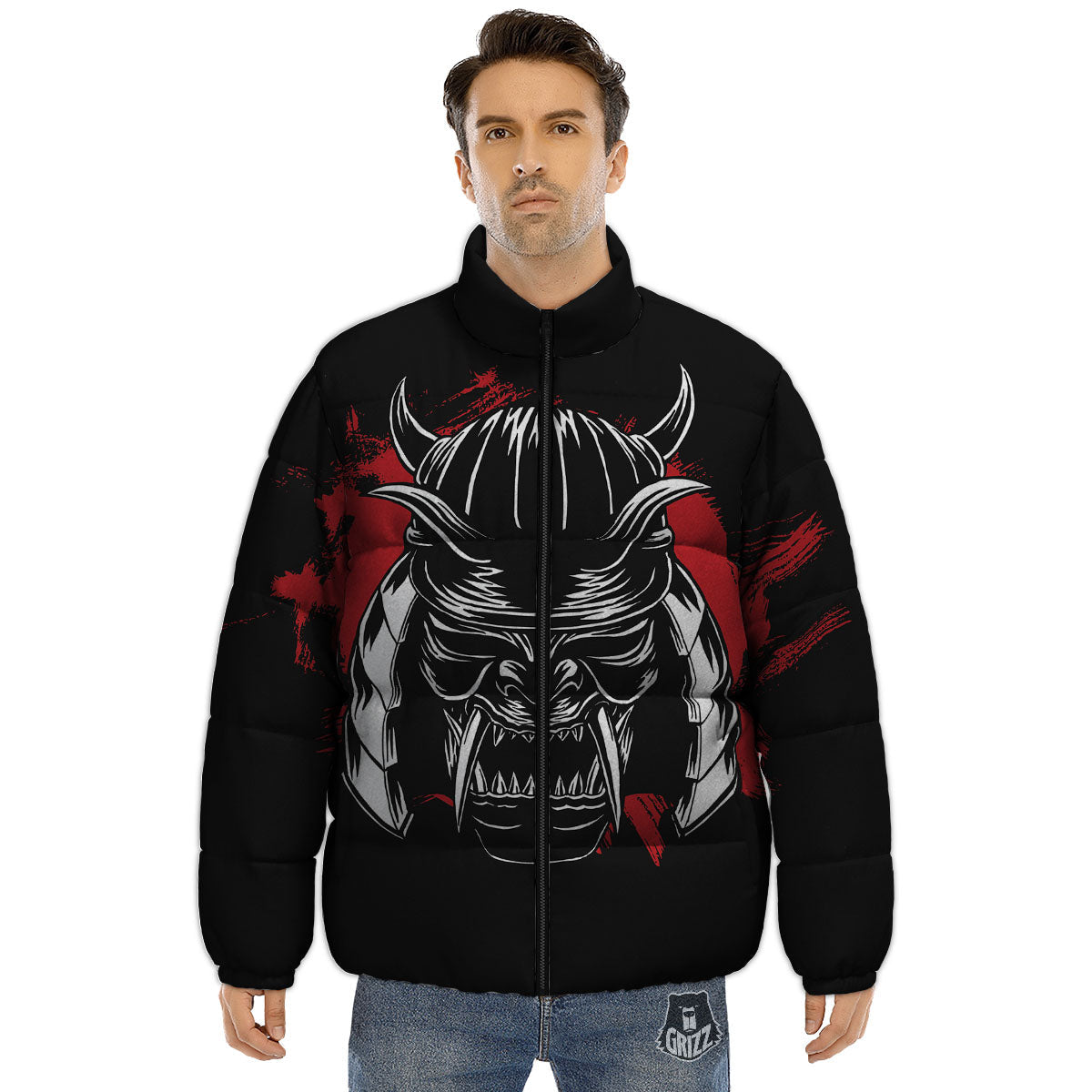 Samurai Mask Old Japanese Print Puffer Jacket