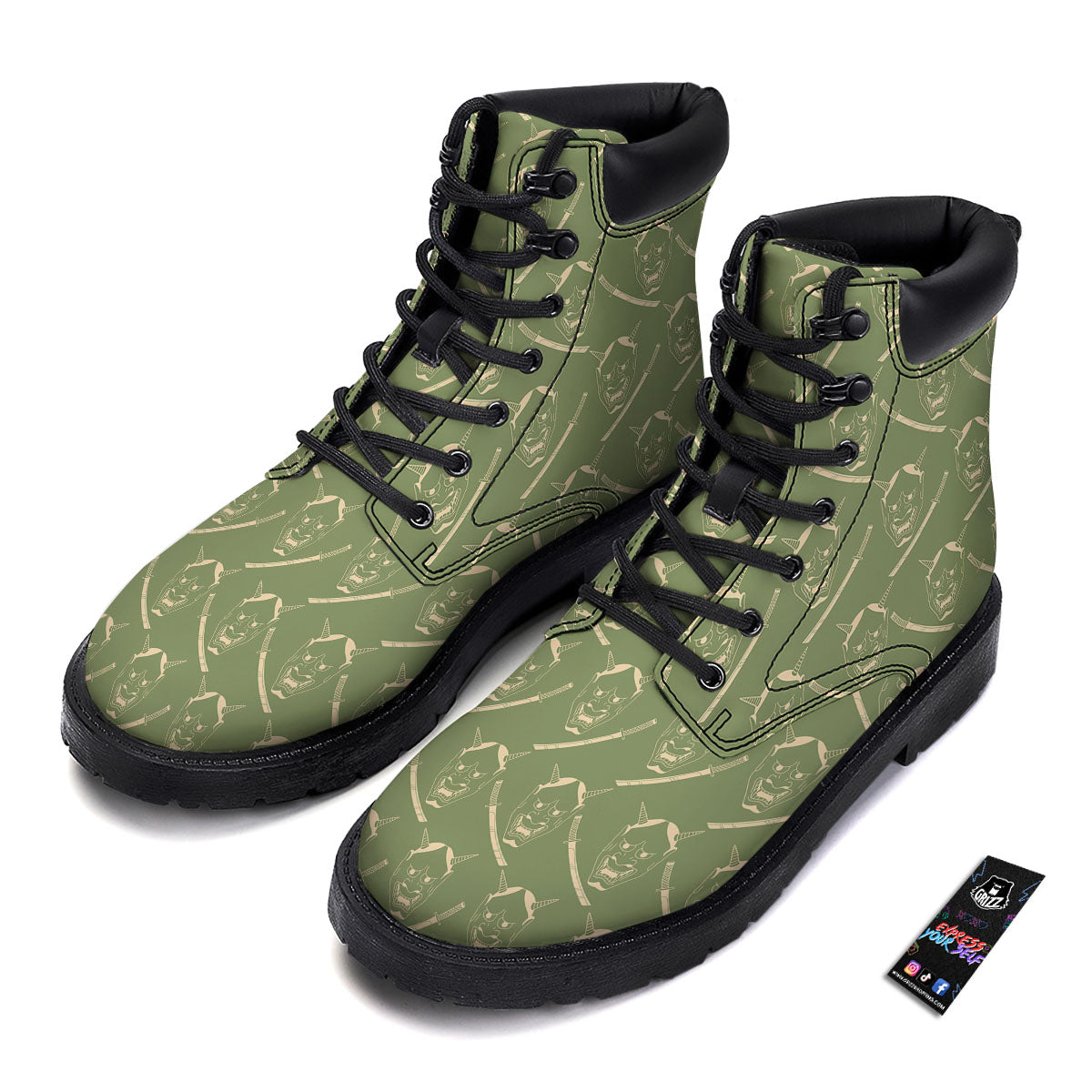 Samurai Warrior Mask Japanese Print Pattern Boots