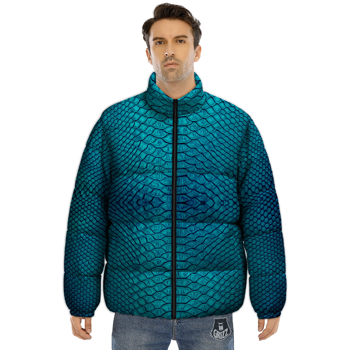 Scales Turquoise Snake Print Pattern Puffer Jacket