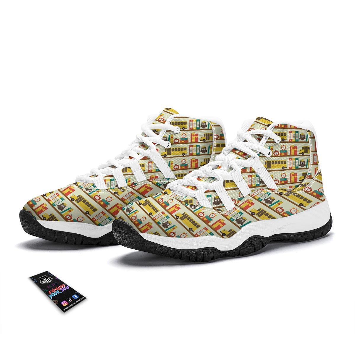 School Bus Print Pattern White Bball Shoes