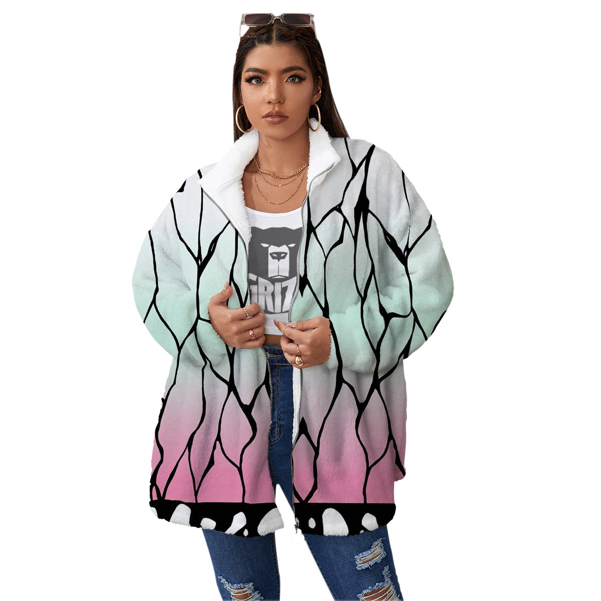 Shinobu Print Pattern Women's Sherpa Jacket