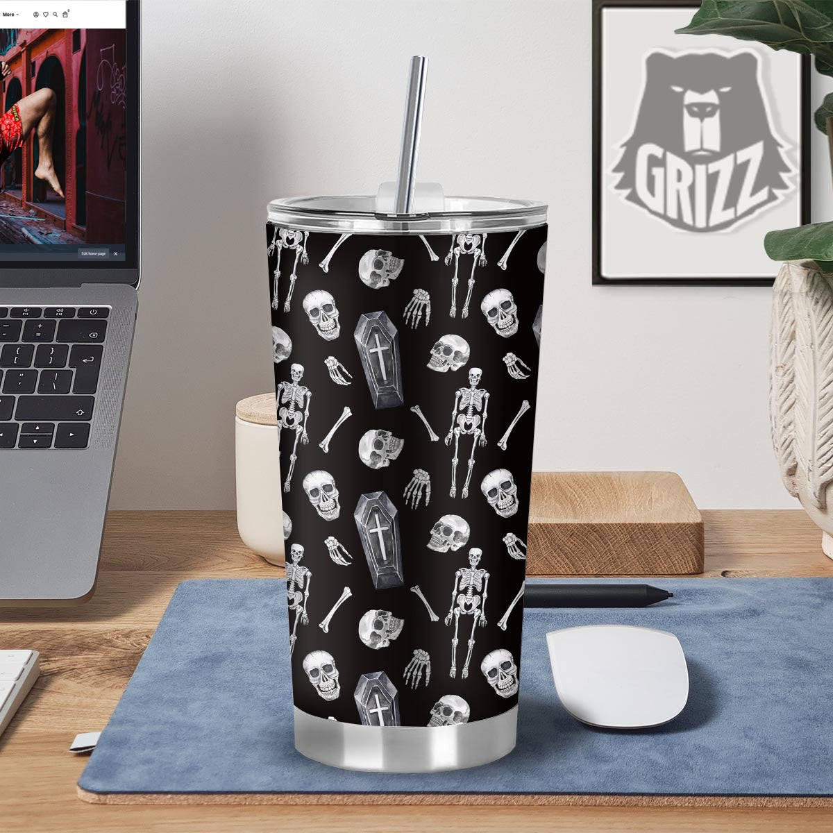 Skeleton And Tomb Print Pattern Tumbler