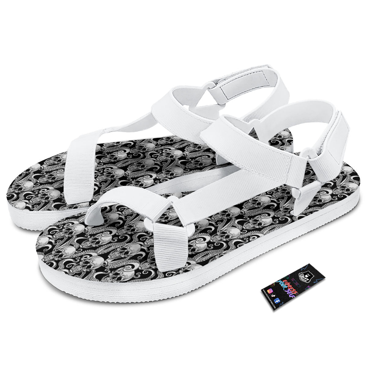 Skull Octopus Tentacles Print Pattern White Open Toe Sandals