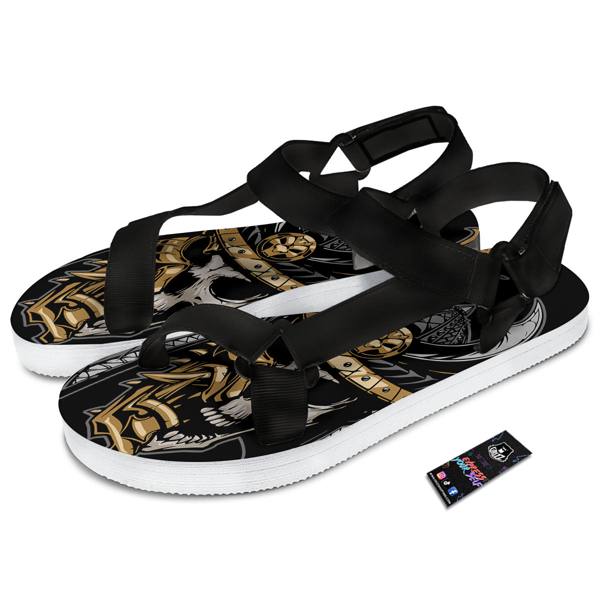 Skull Samurai Warrior Print Black Open Toe Sandals