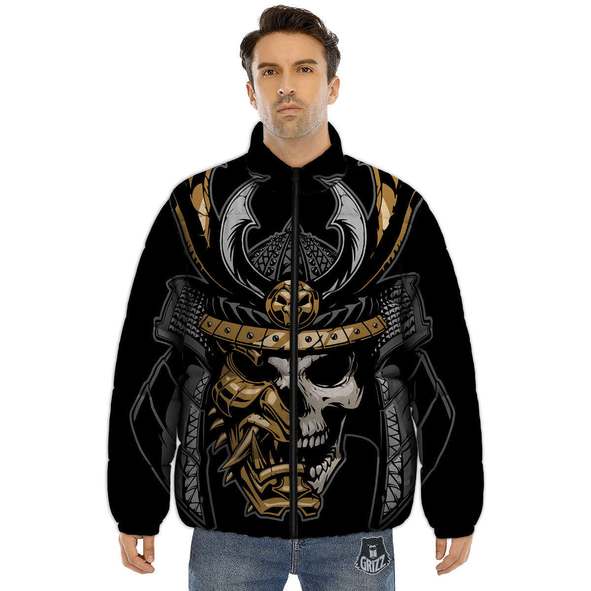 Skull Samurai Warrior Print Puffer Jacket