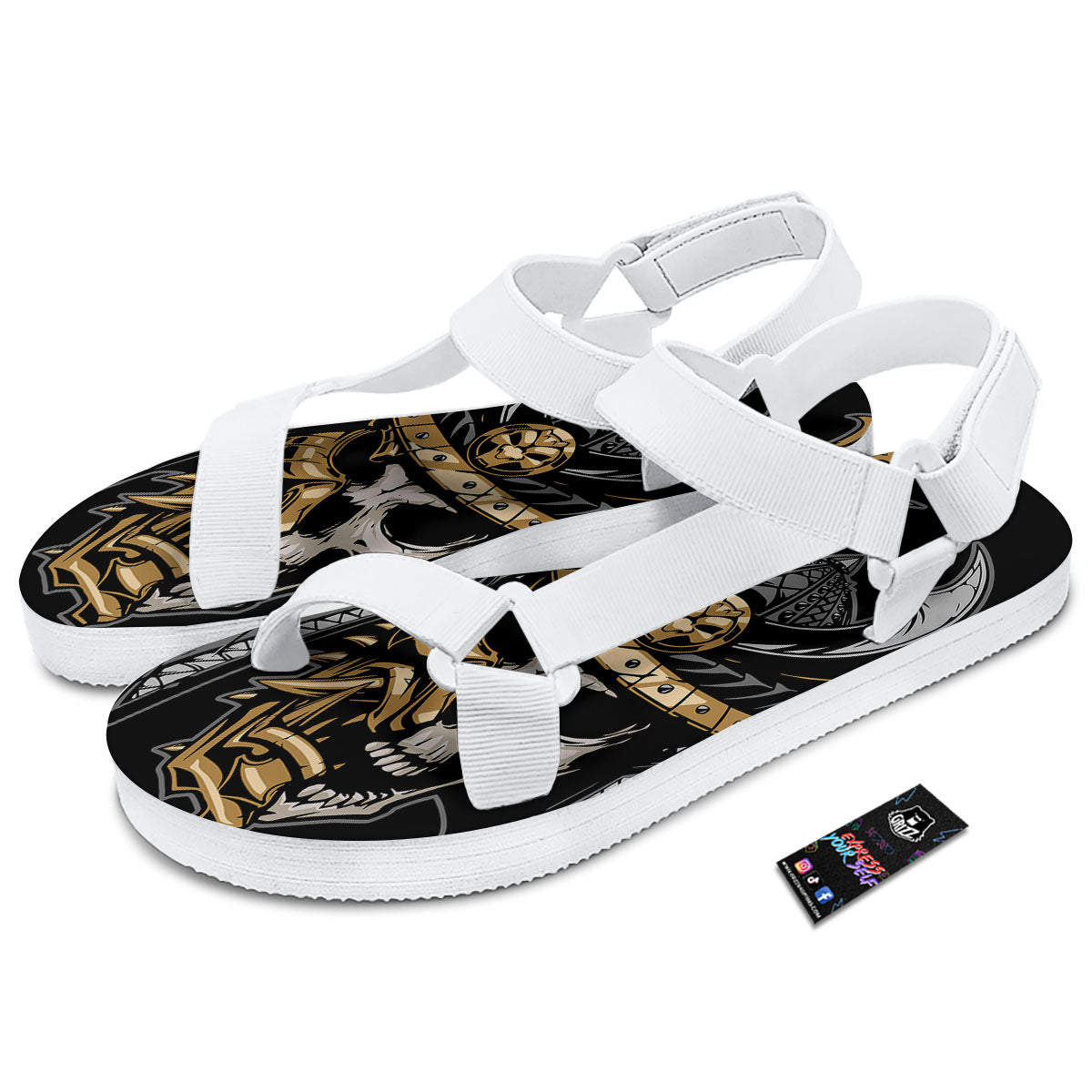 Skull Samurai Warrior Print White Open Toe Sandals
