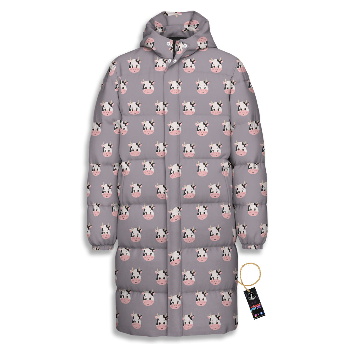 Smiley Cow Cartoon Print Pattern Long Down Jacket