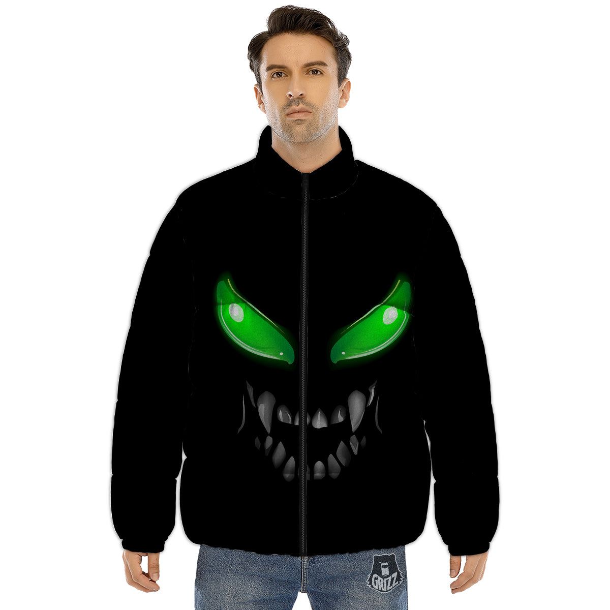 Smiley Face Monster Black Print Puffer Jacket