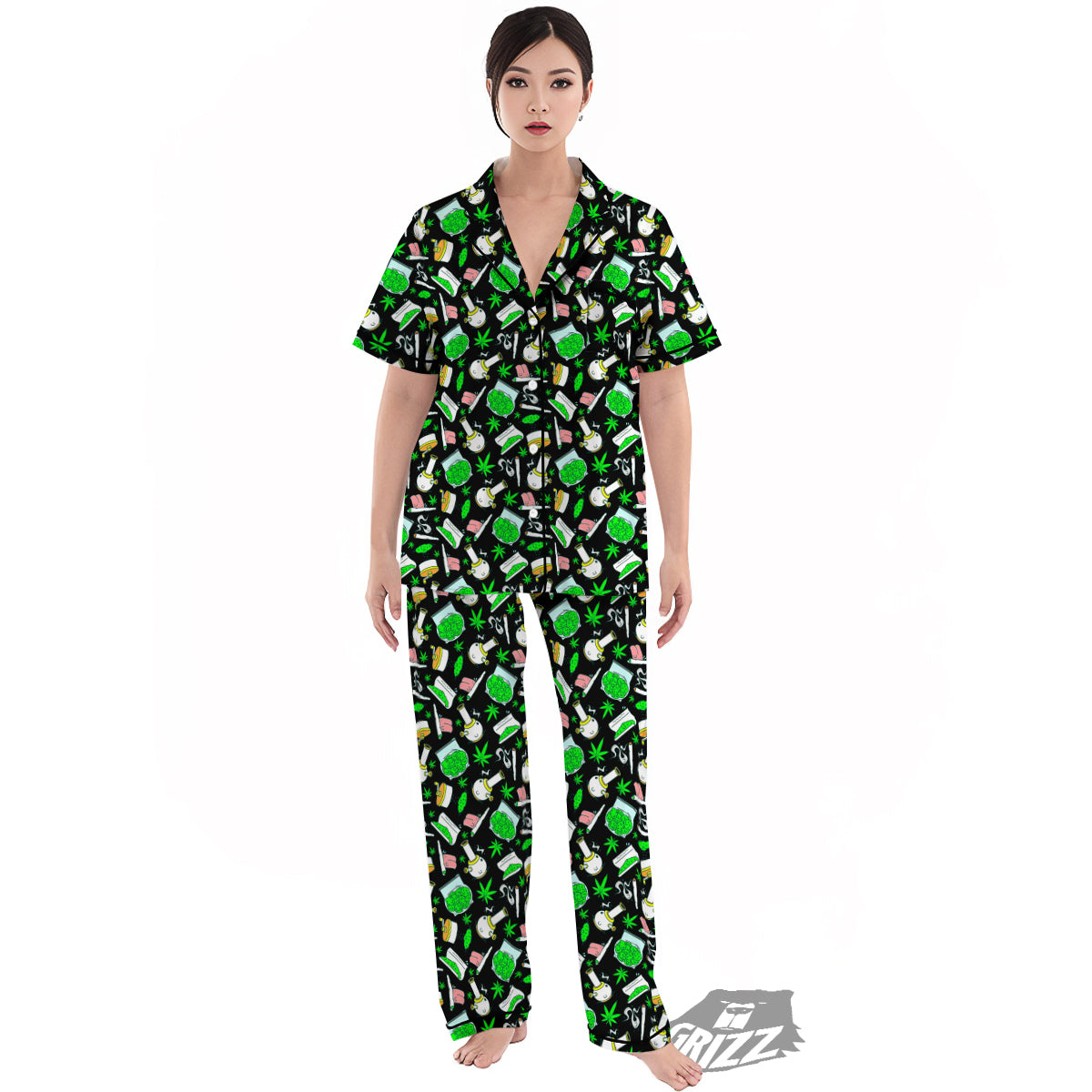 Smoke Weed Green Neon Print Pattern Women's Pajamas Set