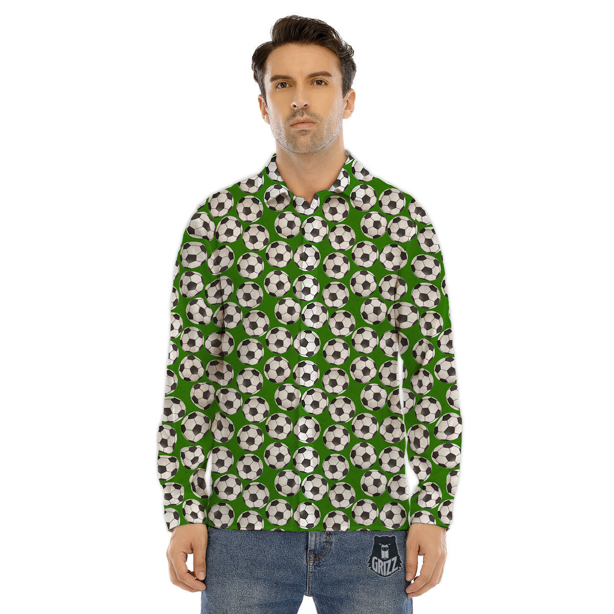 Soccer Ball Green Print Pattern Men's Dress Shirts