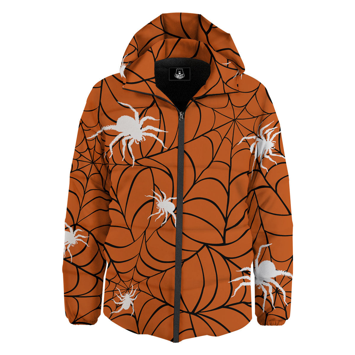 Spider Web Orange And Black Print Down Jacket