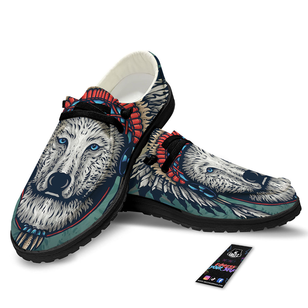 Spirit Animal Native American Wolf Print Black Loafers