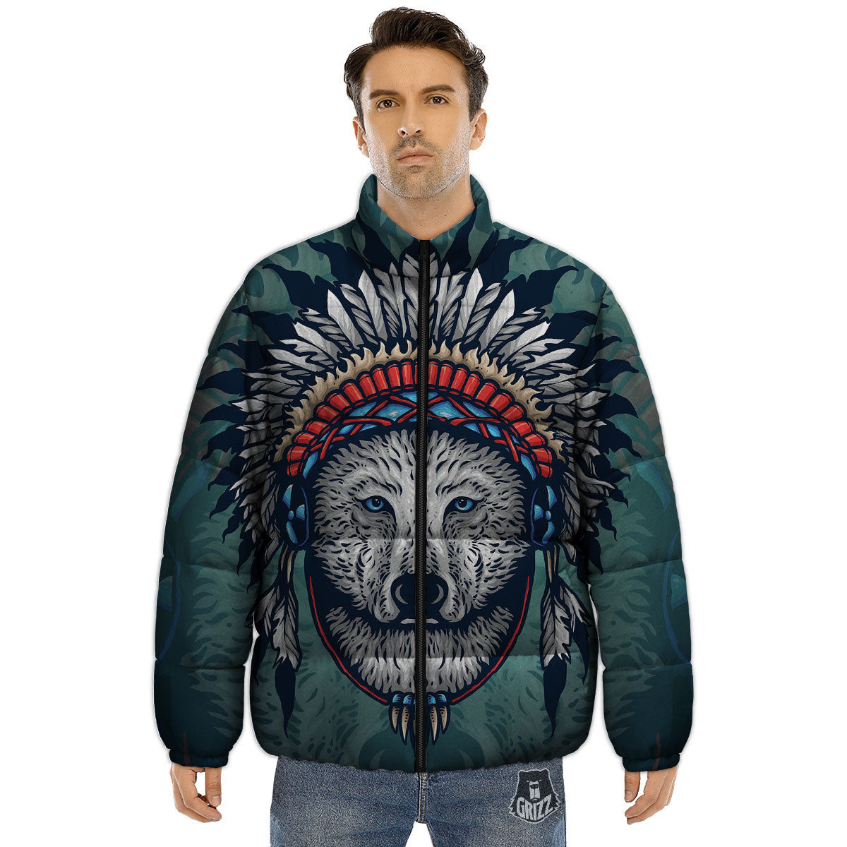 Spirit Animal Native American Wolf Print Puffer Jacket