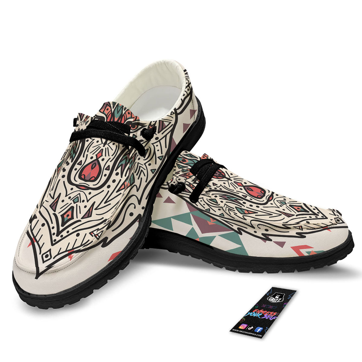 Spiritual Wolf Native American Print Black Loafers