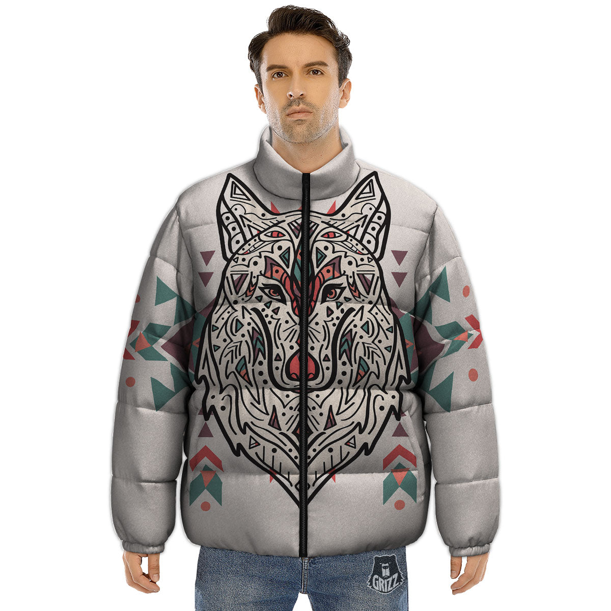 Spiritual Wolf Native American Print Puffer Jacket