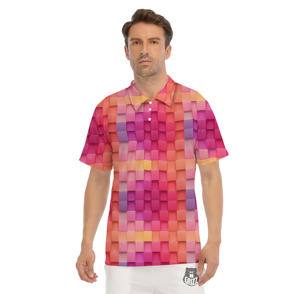 Square Tile 3D Colorful Print Pattern Men's Golf Shirts