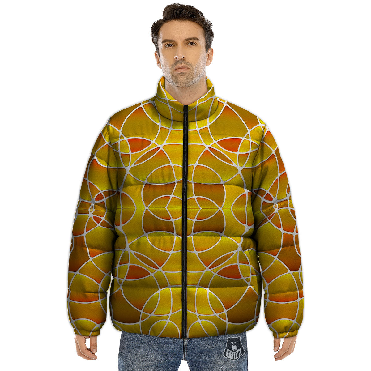 Stained Glass Mosaic Yellow Print Pattern Puffer Jacket