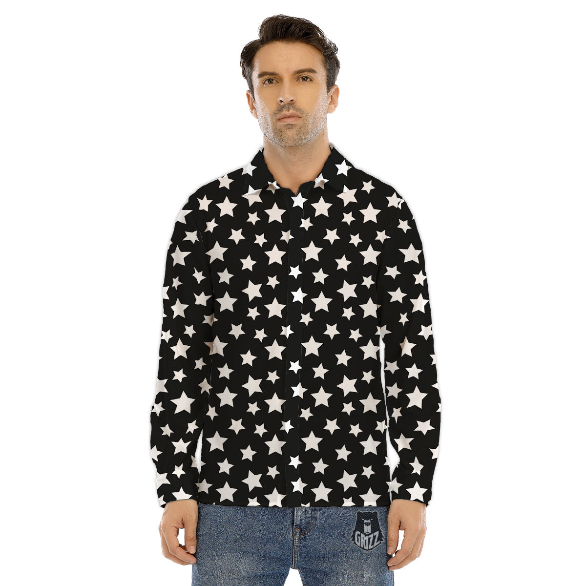 Star White And Black Print Pattern Men's Dress Shirts