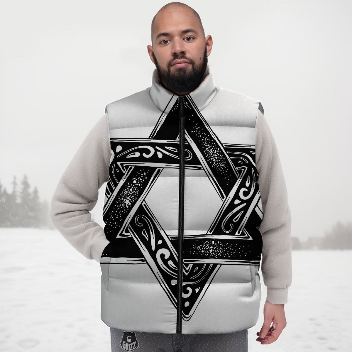 Star of David White And Black Print Down Vest