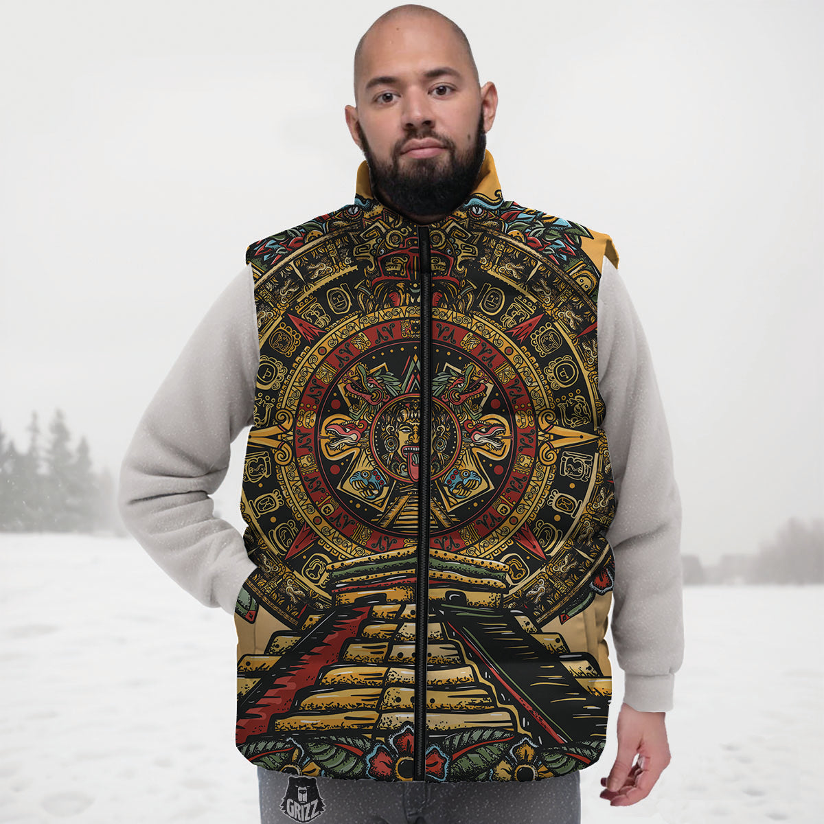 Statue Ancient Mayan Print Down Vest