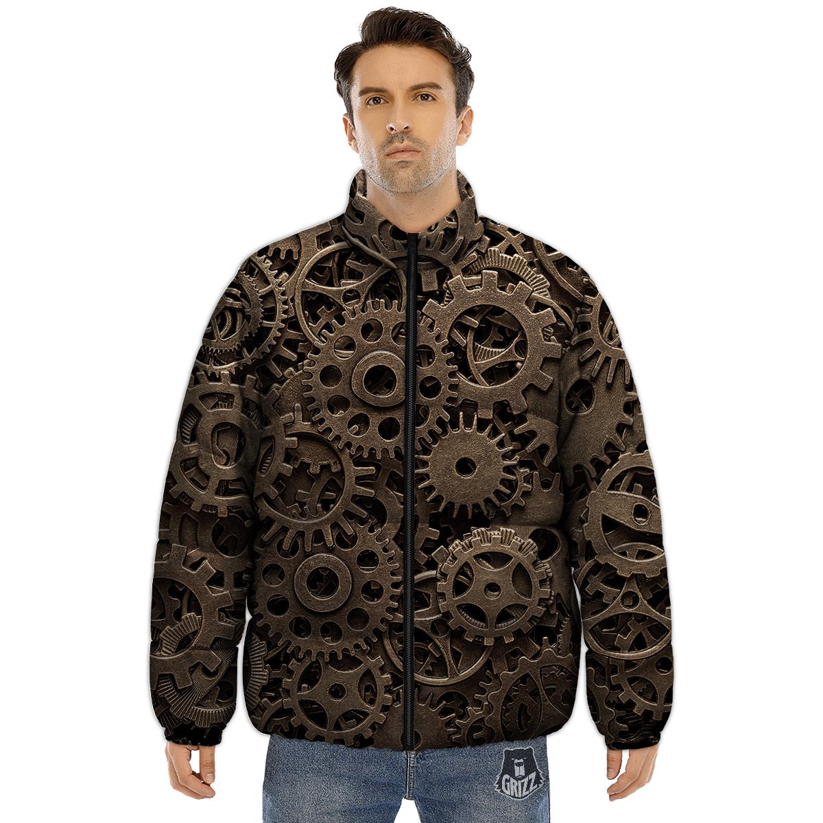 Steampunk Brass Gears And Cogs Print Puffer Jacket