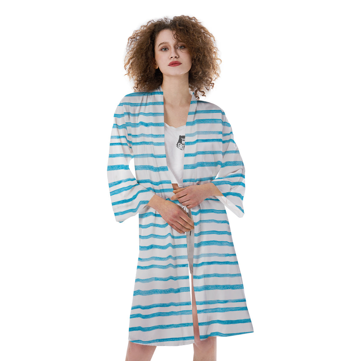 Striped Cyan And White Print Pattern Kimono