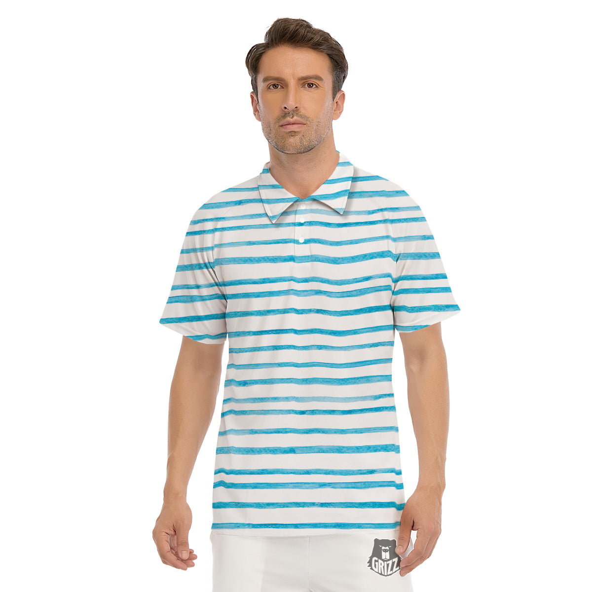 Striped Cyan And White Print Pattern Men's Golf Shirts