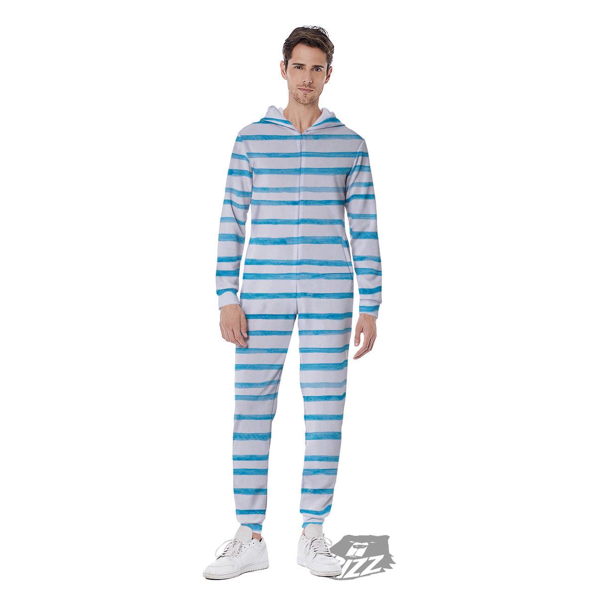 Striped Cyan And White Print Pattern Men's Jumpsuit