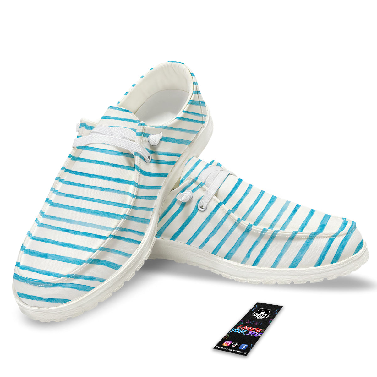 Striped Cyan And White Print Pattern White Loafers